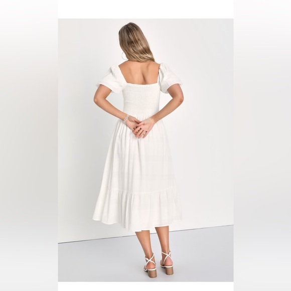 Lulus | Dresses | Lulus Budding Charm White Smocked Puff Sleeve Midi ...